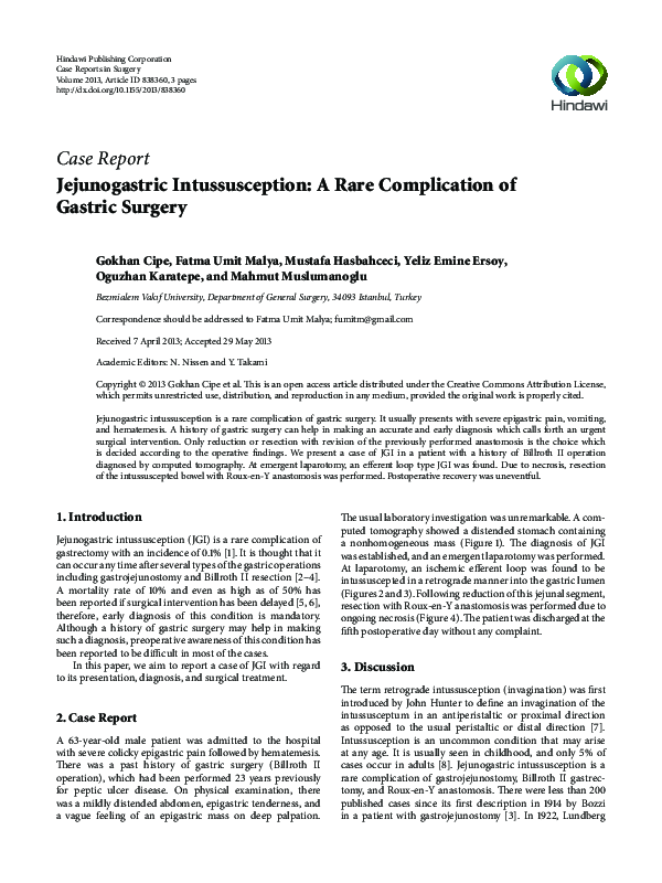 (PDF) Jejunogastric Intussusception: A Rare Complication of Gastric Surgery