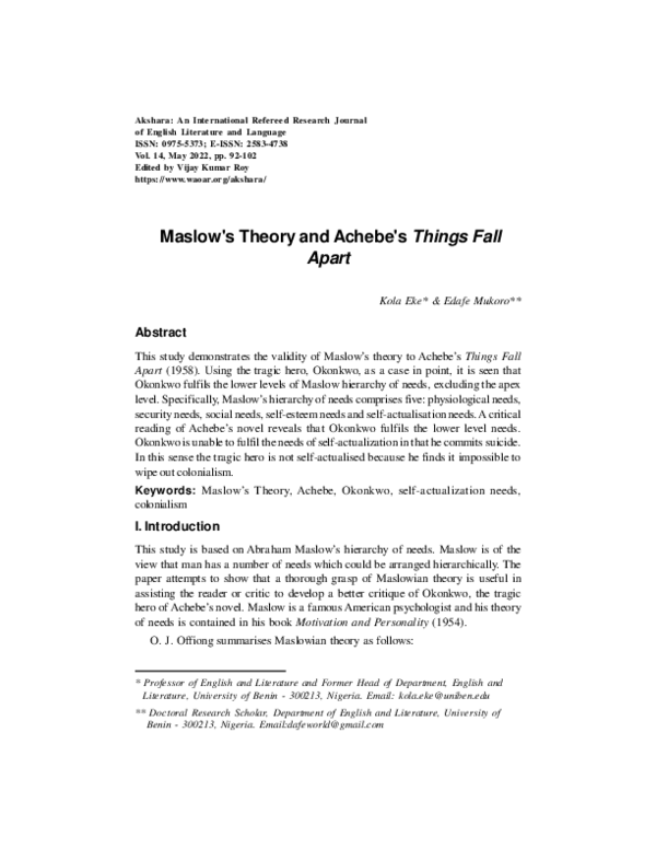 (PDF) Maslow's Theory and Achebe's Things Fall Apart