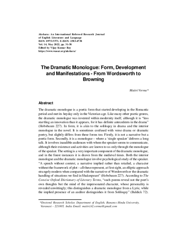 (PDF) The Dramatic Monologue: Form, Development and Manifestations ...