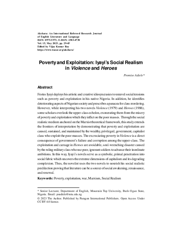(PDF) Poverty and Exploitation: Iyayi's Social Realism in Violence and ...