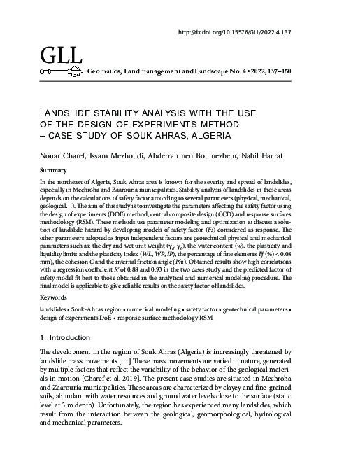 (PDF) Landslide stability analysis with the use of the design of experiments method – case study ...