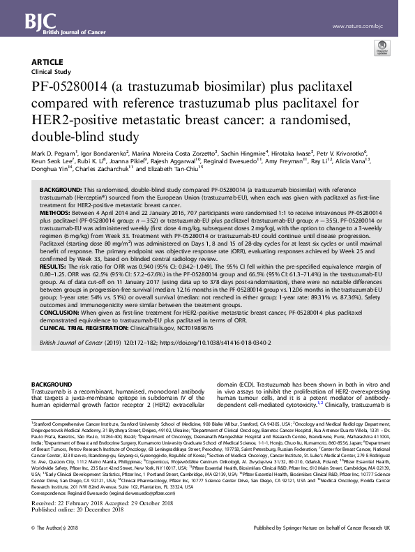 (PDF) PF-05280014 (a trastuzumab biosimilar) plus paclitaxel compared ...