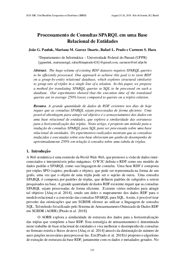 (PDF) Processamento de Consultas SPARQL em uma Base Relacional de Entidades