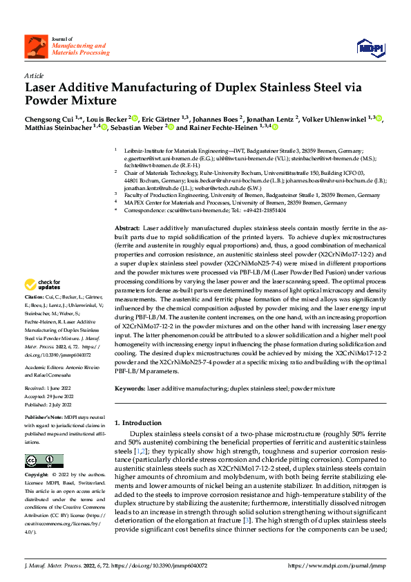 (PDF) Laser Additive Manufacturing of Duplex Stainless Steel via Powder ...
