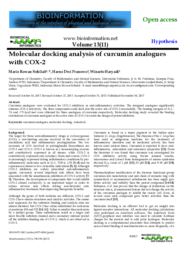(PDF) Molecular docking analysis of curcumin analogues with COX-2
