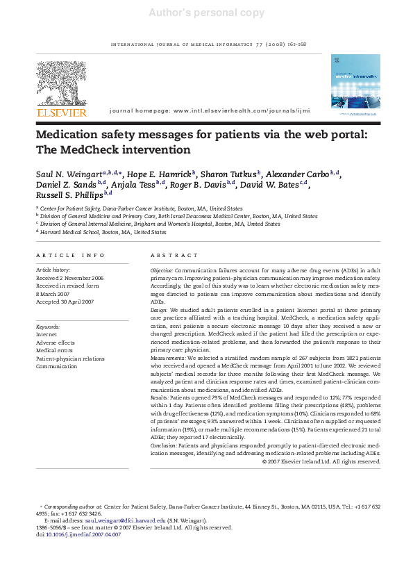 (PDF) Medication safety messages for patients via the web portal: The ...