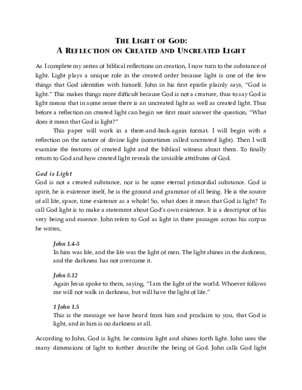 (PDF) The Light of God: A Reflection on Created and Uncreated Light