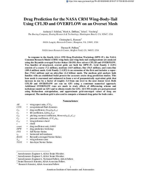 (PDF) Drag Prediction for the NASA CRM Wing-Body-Tail Using CFL3D and ...
