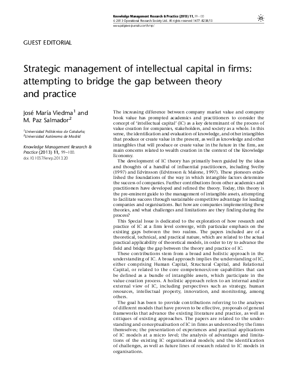 (PDF) Strategic management of intellectual capital in firms: attempting ...