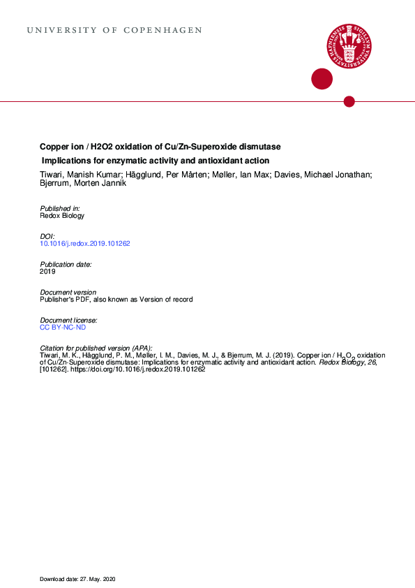 (PDF) Copper ion / H2O2 oxidation of Cu/Zn-Superoxide dismutase ...