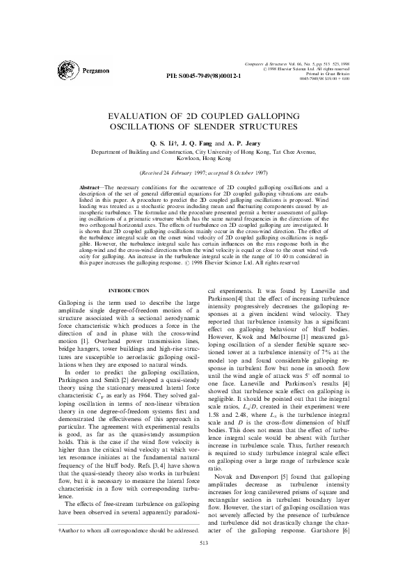 (PDF) Evaluation of 2D coupled galloping oscillations of slender structures
