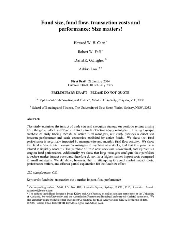 (PDF) Fund size, fund flow, transaction costs and performance: Size matters