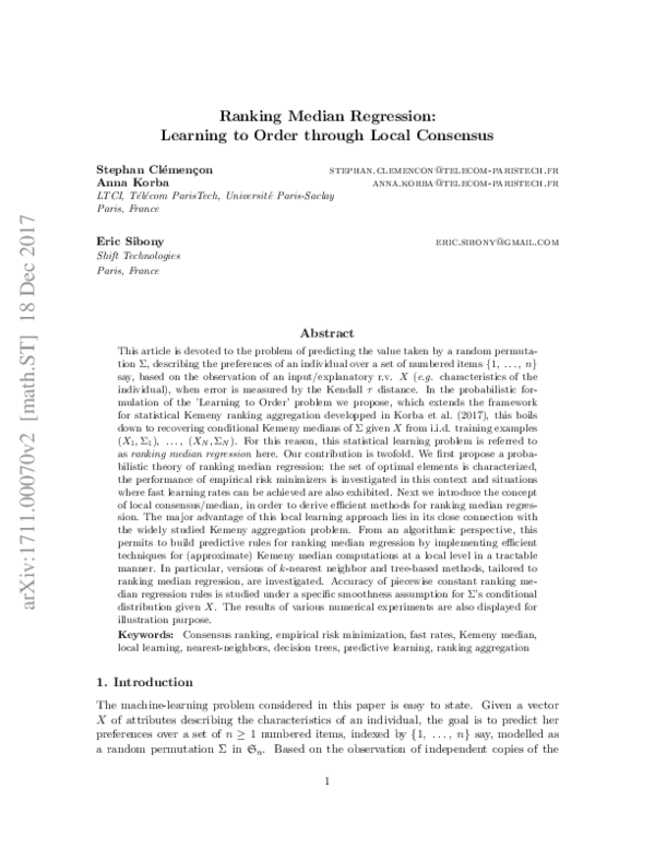 (PDF) Ranking Median Regression: Learning to Order through Local Consensus