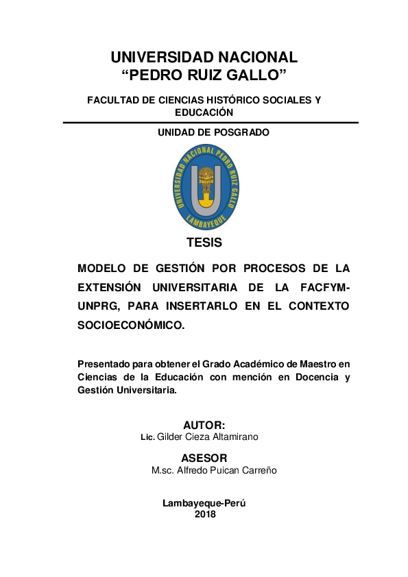 (PDF) Modelo de gestión por procesos de la extensión universitaria de la FACFY-MUNPRG, para ...