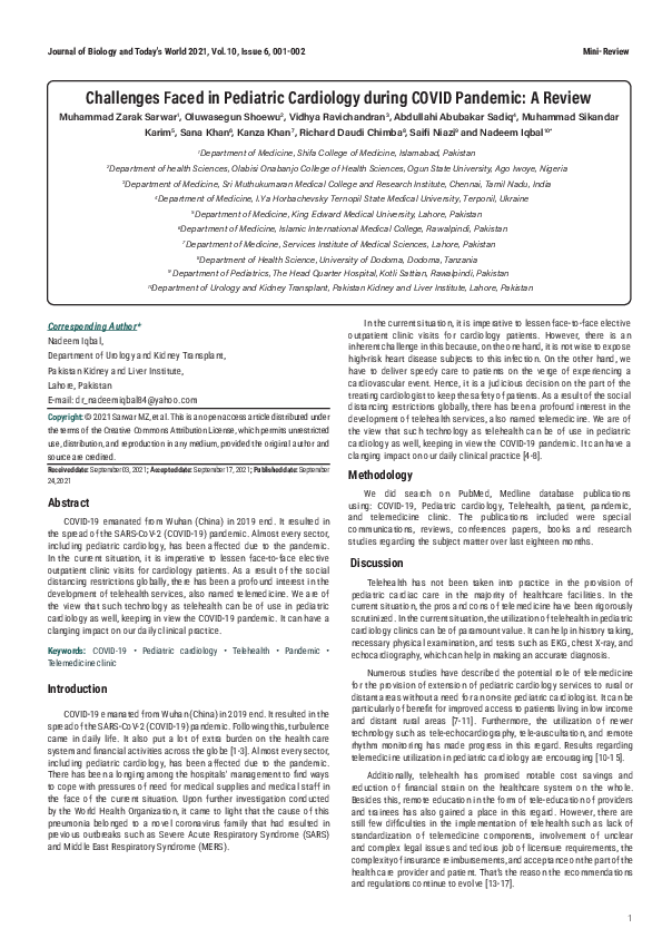(PDF) Challenges Faced in Pediatric Cardiology during COVID Pandemic: A ...