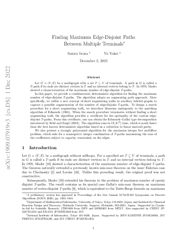 (PDF) Combinatorial Algorithms for Edge-Disjoint T-Paths and Integer Free Multiflow