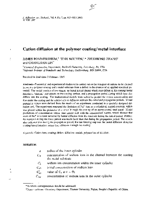 (PDF) Cation diffusion at the polymer coating/metal interface