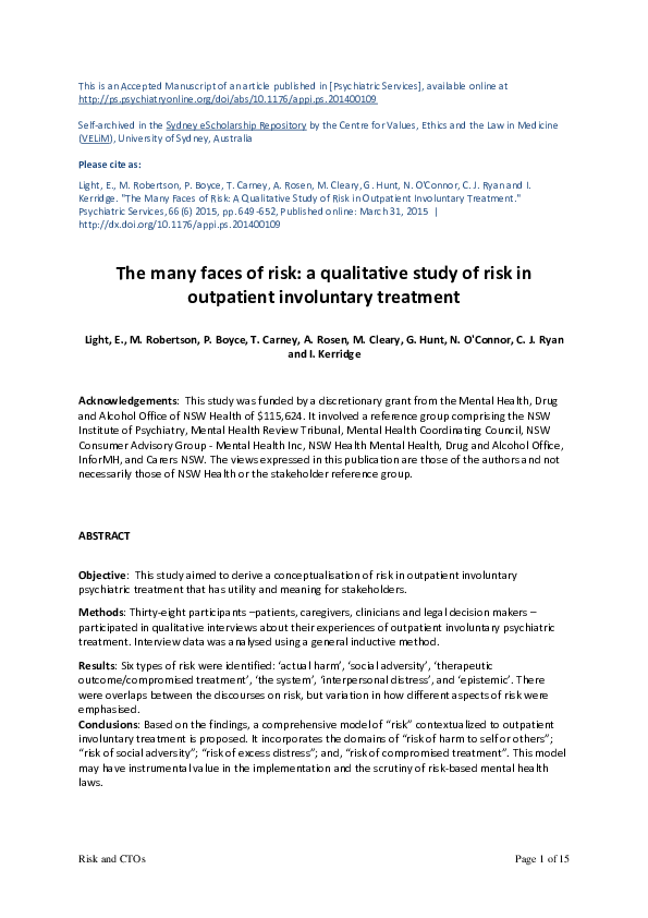 (PDF) The Many Faces of Risk: A Qualitative Study of Risk in Outpatient ...