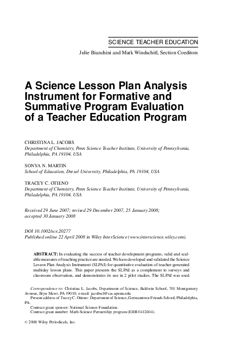 (PDF) A Science Lesson Plan Analysis Instrument for formative and ...