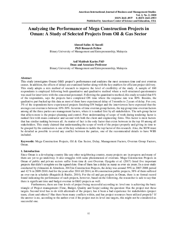 (PDF) Analyzing the Performance of Mega Construction Projects in Oman ...