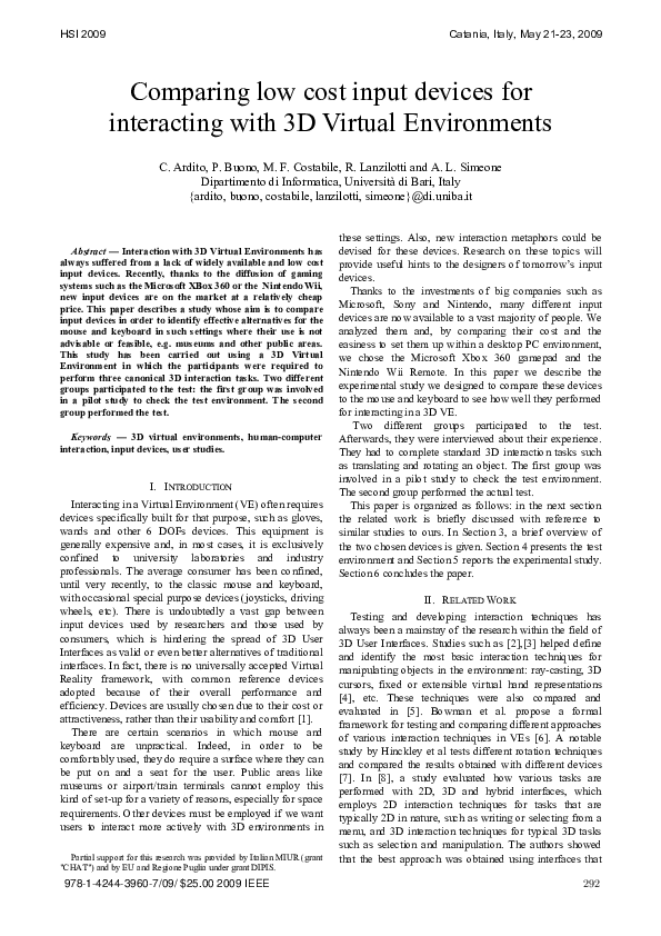 (PDF) Comparing low cost input devices for interacting with 3D Virtual Environments