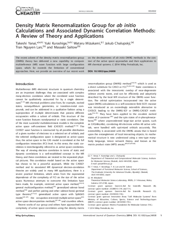 (PDF) Density matrix renormalization group for ab initio Calculations and associated dynamic ...
