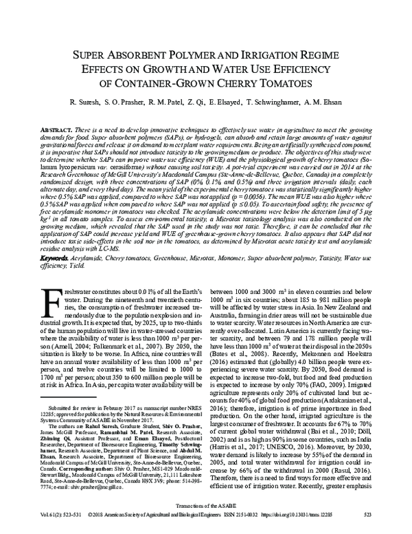 (PDF) Super Absorbent Polymer and Irrigation Regime Effects on Growth and Water Use Efficiency ...