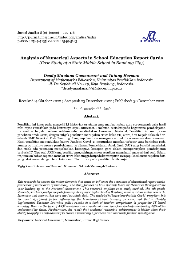 (PDF) Analysis of Numerical Aspects in School Education Report
