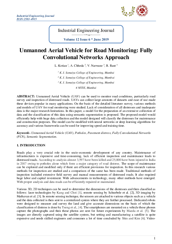 (PDF) Unmanned Aerial Vehicle for Road Monitoring: Fully Convolutional Networks Approach