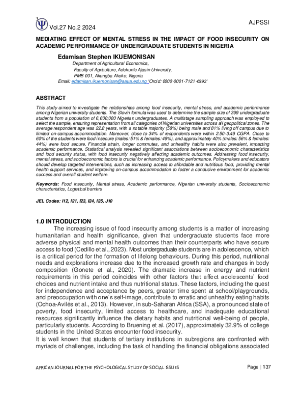 (PDF) MEDIATING EFFECT OF MENTAL STRESS IN THE IMPACT OF FOOD ...
