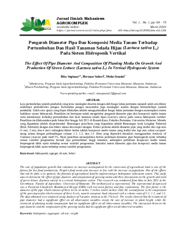 (PDF) Pengaruh Diameter Pipa Dan Komposisi Media Tanam Terhadap Pertumbuhan Dan Hasil Tanaman ...
