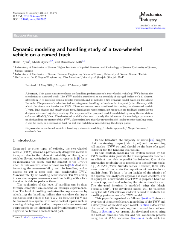(PDF) Dynamic modeling and handling study of a two-wheeled vehicle on a curved track