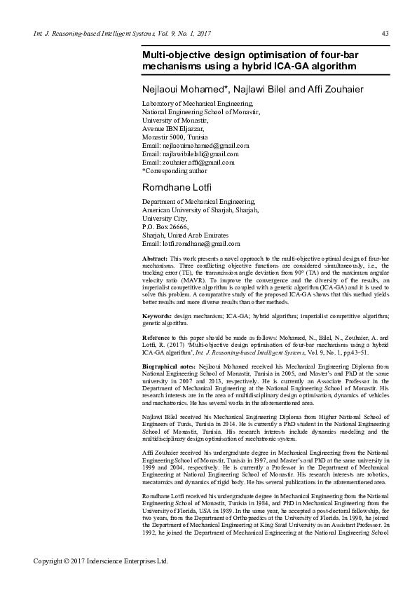 (PDF) Multi-objective design optimisation of four-bar mechanisms using a hybrid ICA-GA algorithm