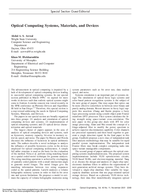 (PDF) Optical Computing Systems, Materials, and Devices