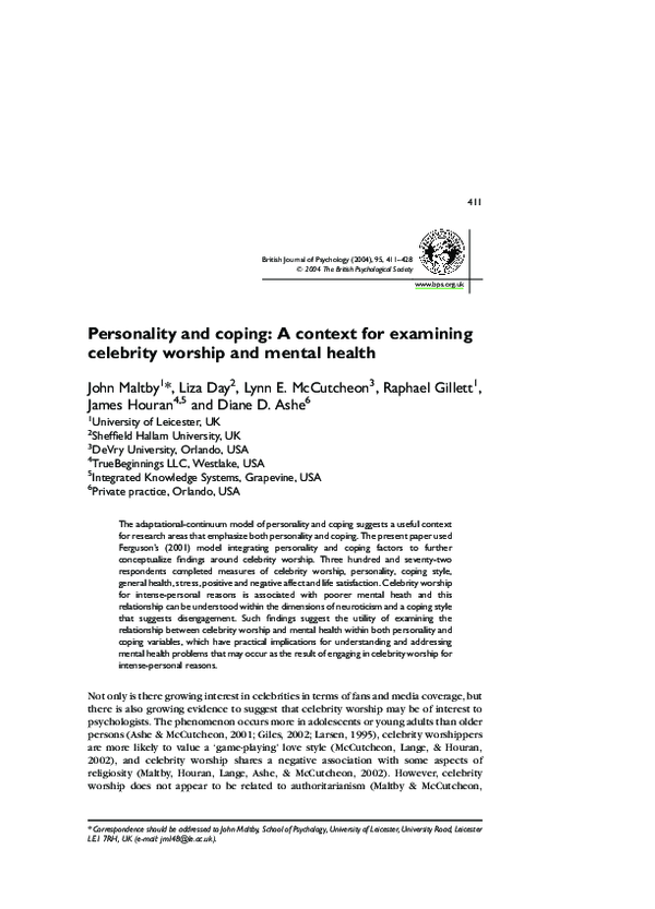 (PDF) Personality and coping: A context for examining celebrity worship ...