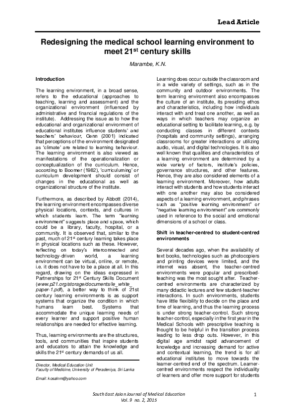 (PDF) Redesigning the medical school learning environment to meet 21st ...