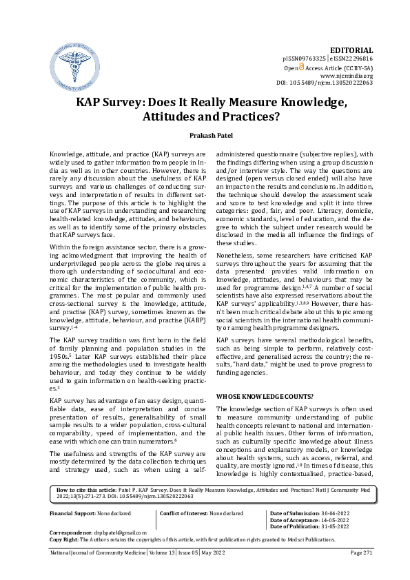 Pdf Kap Survey Does It Really Measure Knowledge Attitudes And Practices