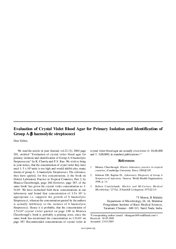 (PDF) Evaluation of Crystal Violet Blood Agar for Primary Isolation and ...