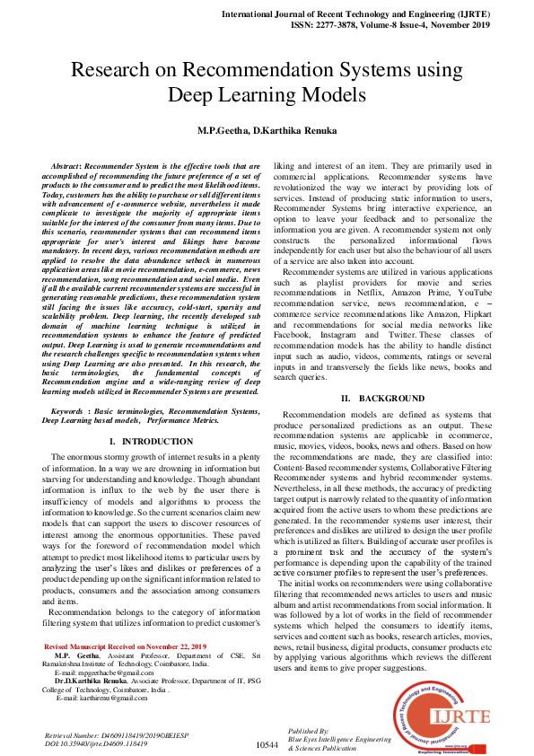 (PDF) Research on Recommendation Systems using Deep Learning Models