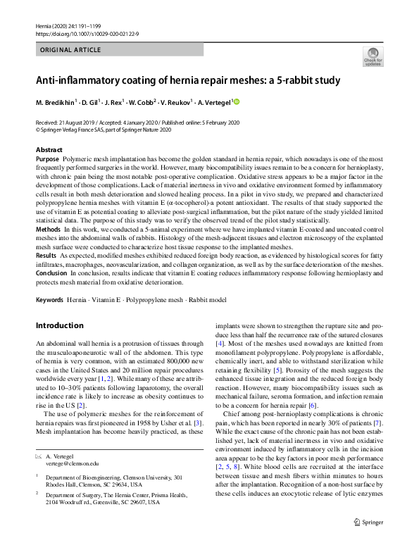 (PDF) Anti-inflammatory coating of hernia repair meshes: a 5-rabbit study