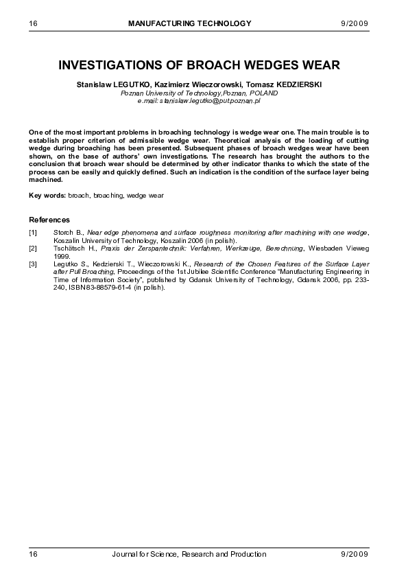 (PDF) Investigations of Broach Wedges Wear