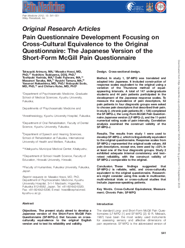 (PDF) Pain Questionnaire Development Focusing on Cross-Cultural ...
