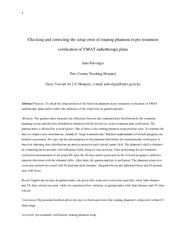 (PDF) Checking and correcting the setup error of rotating phantom in pre-treatment verification ...