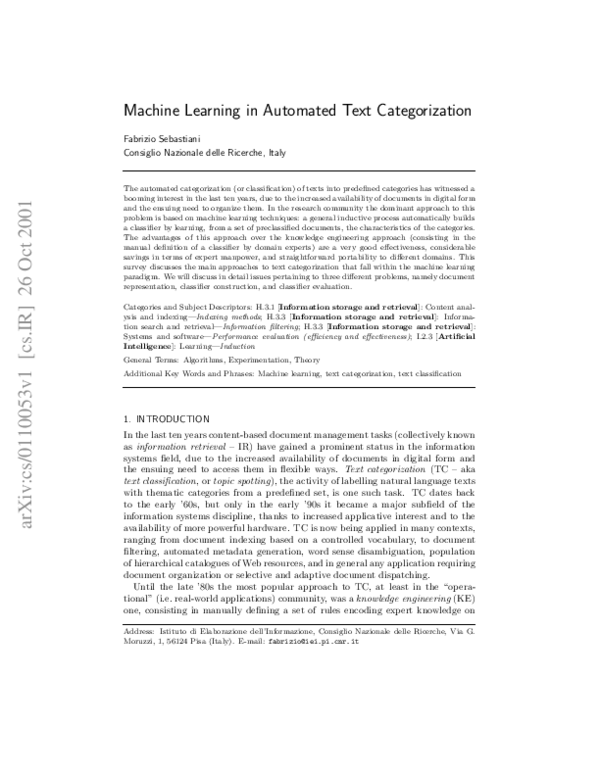 (PDF) Machine learning in automated text categorization