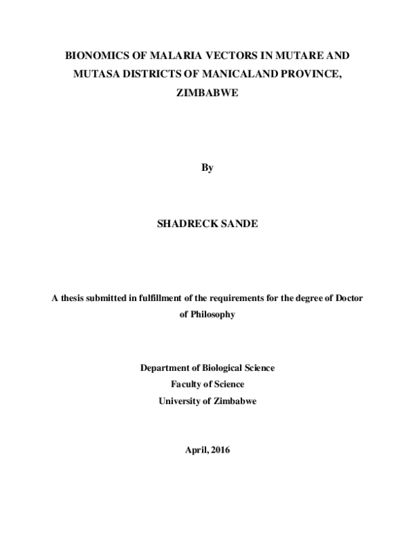 (PDF) Bionomics of malaria vectors in Mutare and Mutasa districts of ...