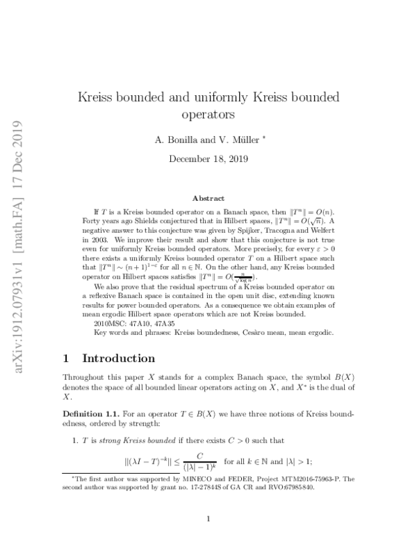 (PDF) Kreiss bounded and uniformly Kreiss bounded operators