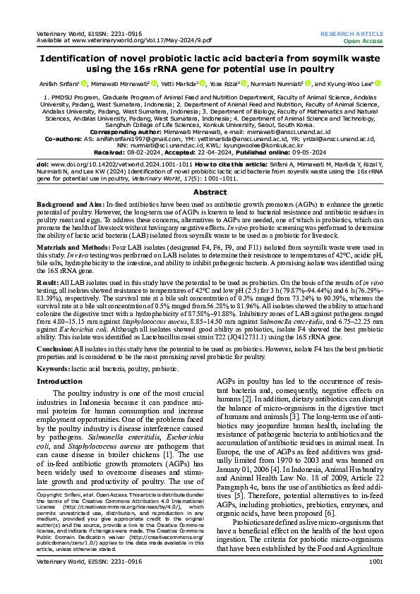 (PDF) Identification of novel probiotic lactic acid bacteria from soymilk waste using the 16s ...