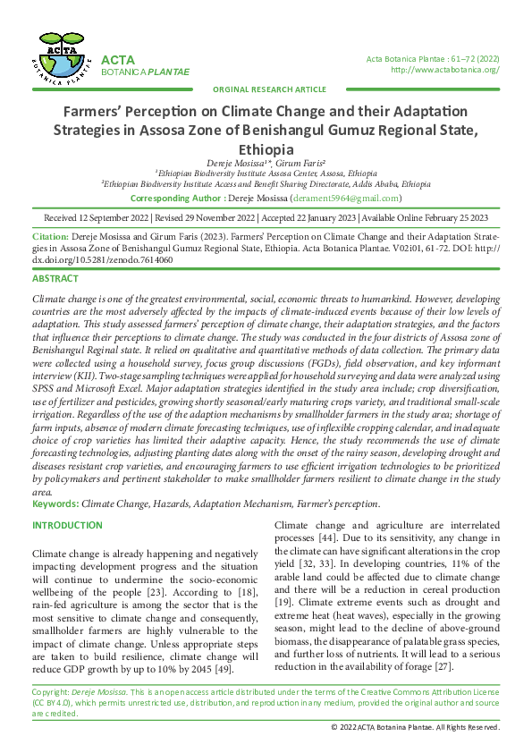 (PDF) Farmers' Perception of Climate Change and Their Adaptation Strategies in Assosa Zone of ...