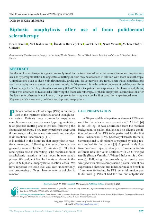 (PDF) Biphasic anaphylaxis after use of foam polidocanol sclerotherapy