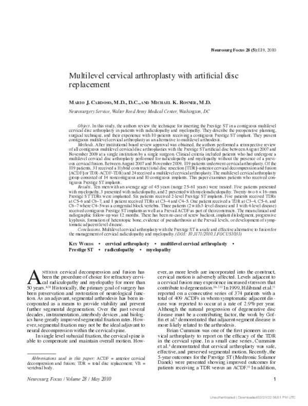 (PDF) Multilevel cervical arthroplasty with artificial disc replacement